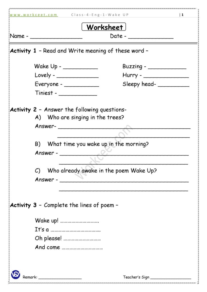 Download PDF Worksheet Class 4th Wake Up! NCERT/CBSE