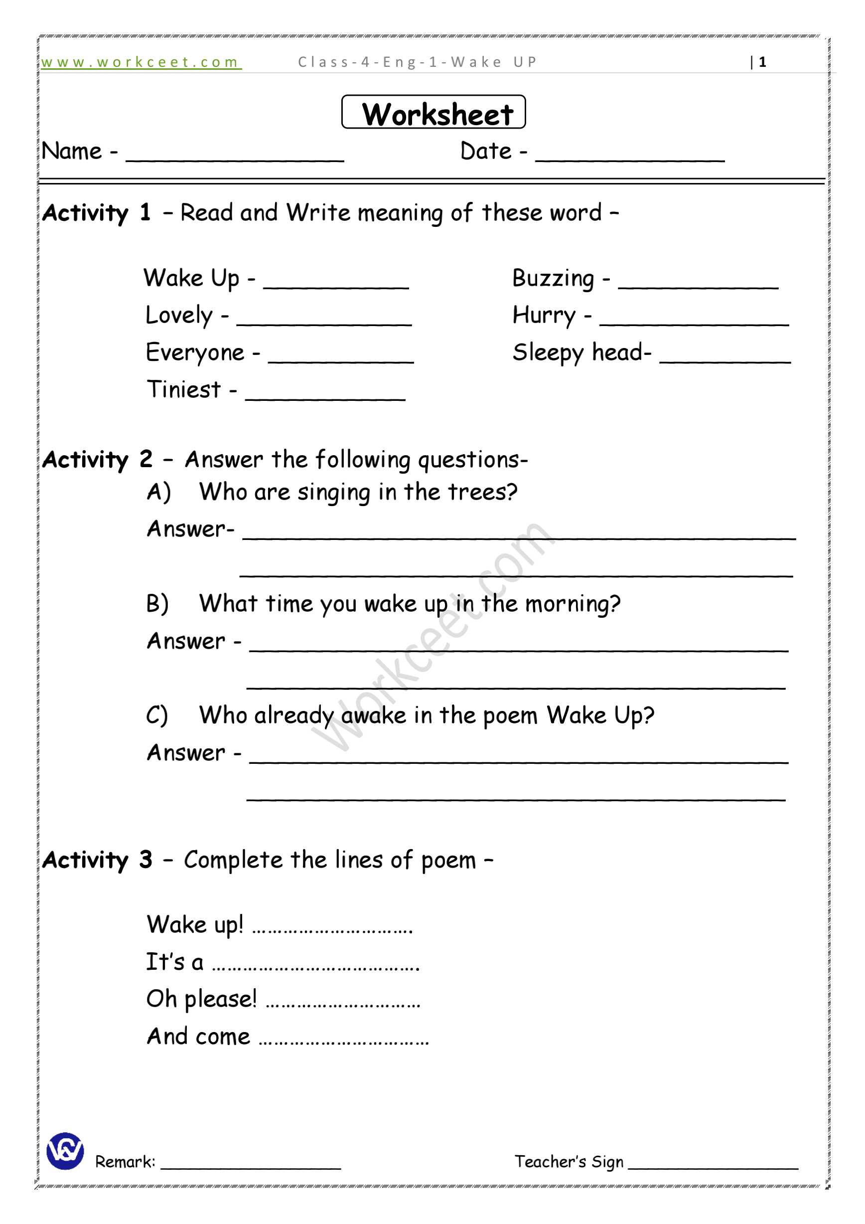 Download Pdf Worksheet Class 4th Wake Up Ncert Cbse