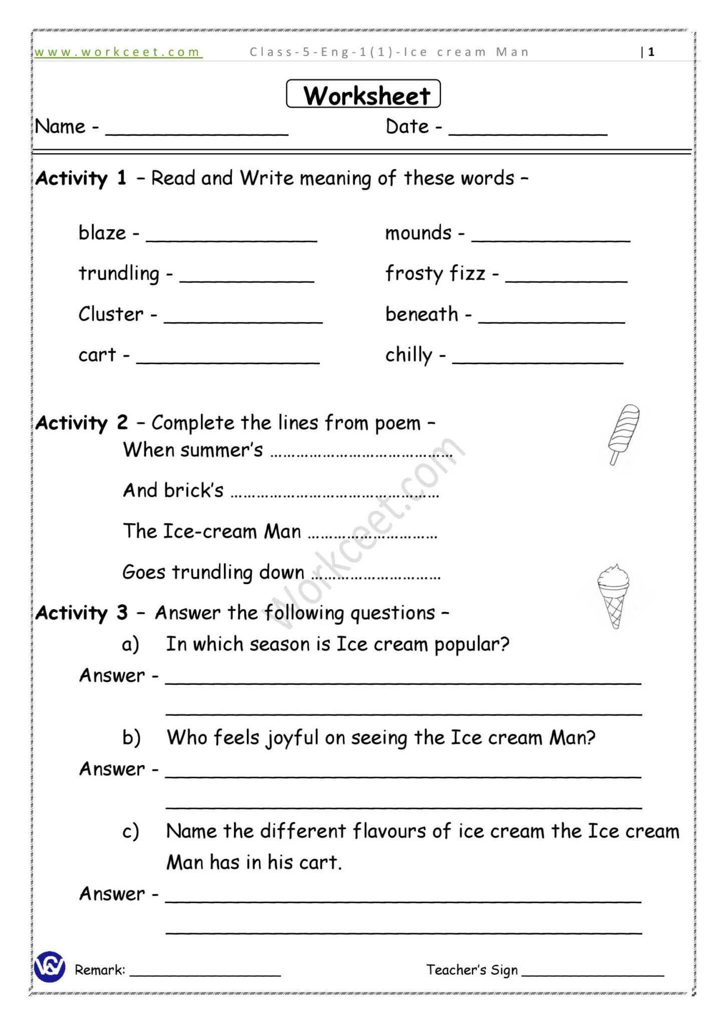 Download PDF Worksheet Class 5th Ice-cream Man NCERT/CBSE