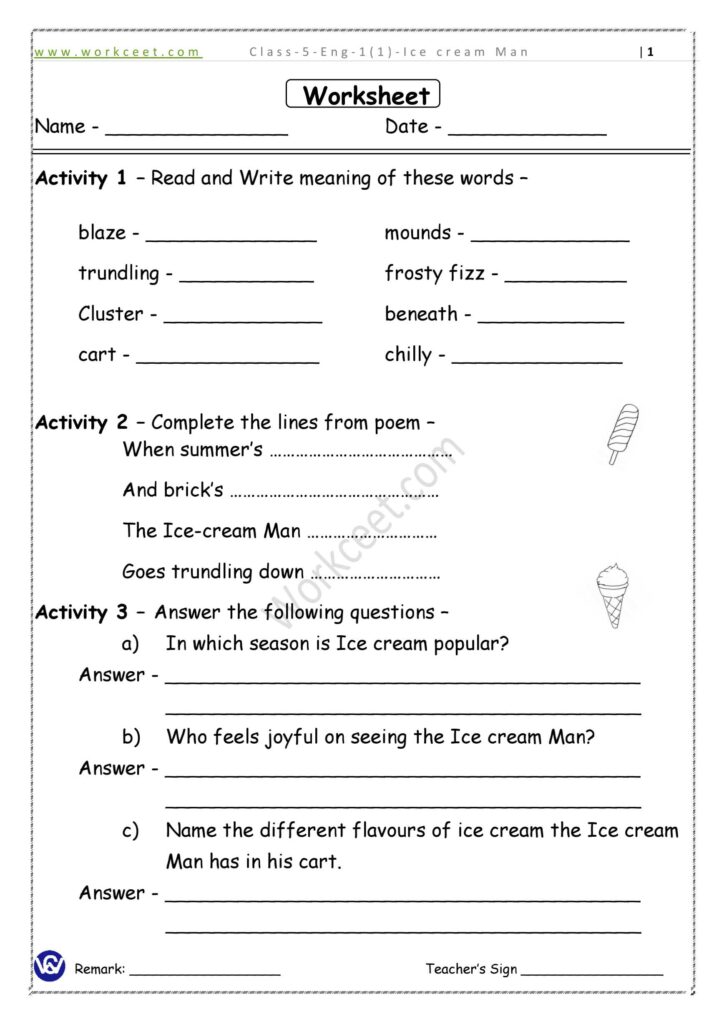 Download PDF Worksheet Class 5th Ice-cream Man NCERT/CBSE