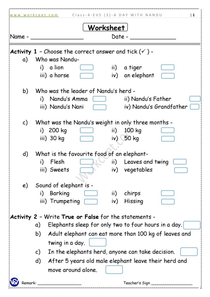Worksheet Download Pdf 4th Evs A Day With Nandu Ncert