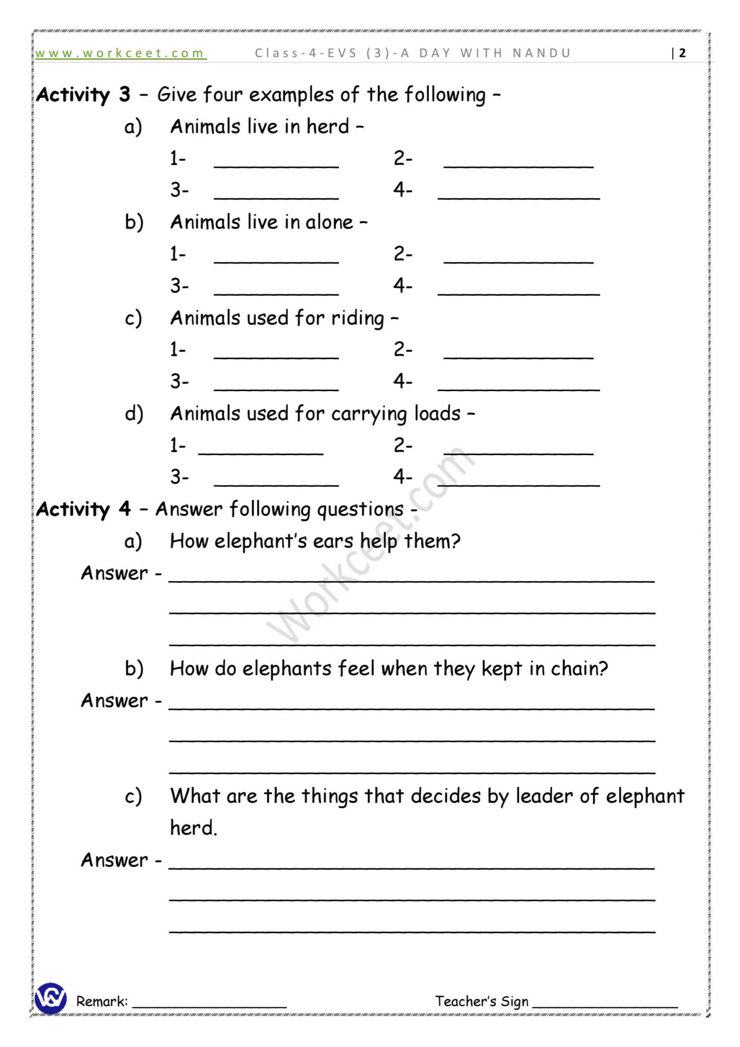 Worksheet Download PDF 4th EVS A Day With Nandu NCERT