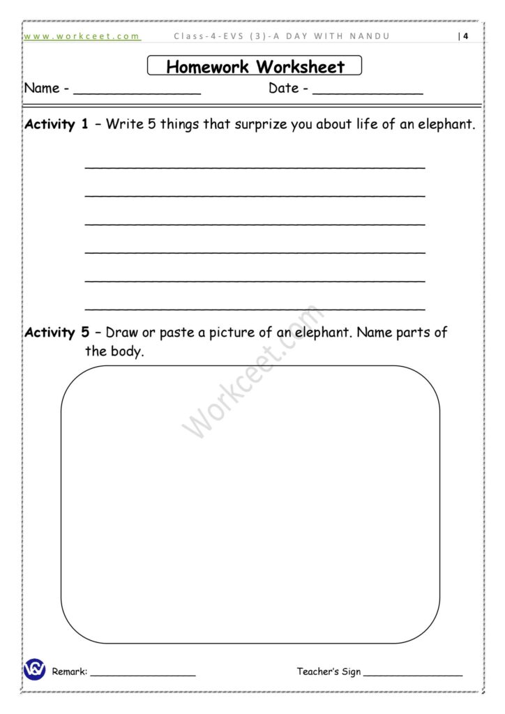 Worksheet Download PDF 4th EVS A Day With Nandu NCERT